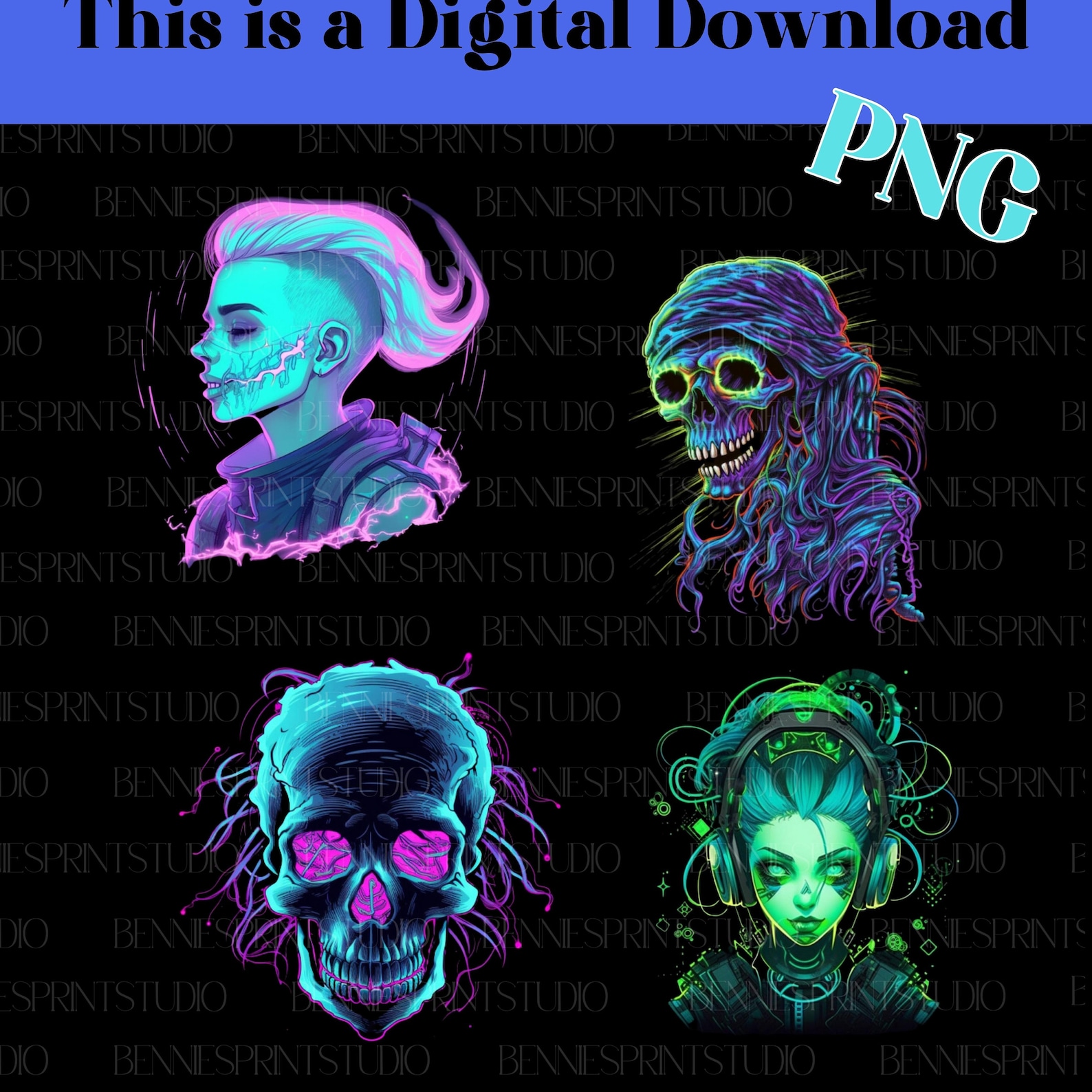 24 Neon Skulls Cyber Goth PNG, Skull Clipart, Halloween Digital ...