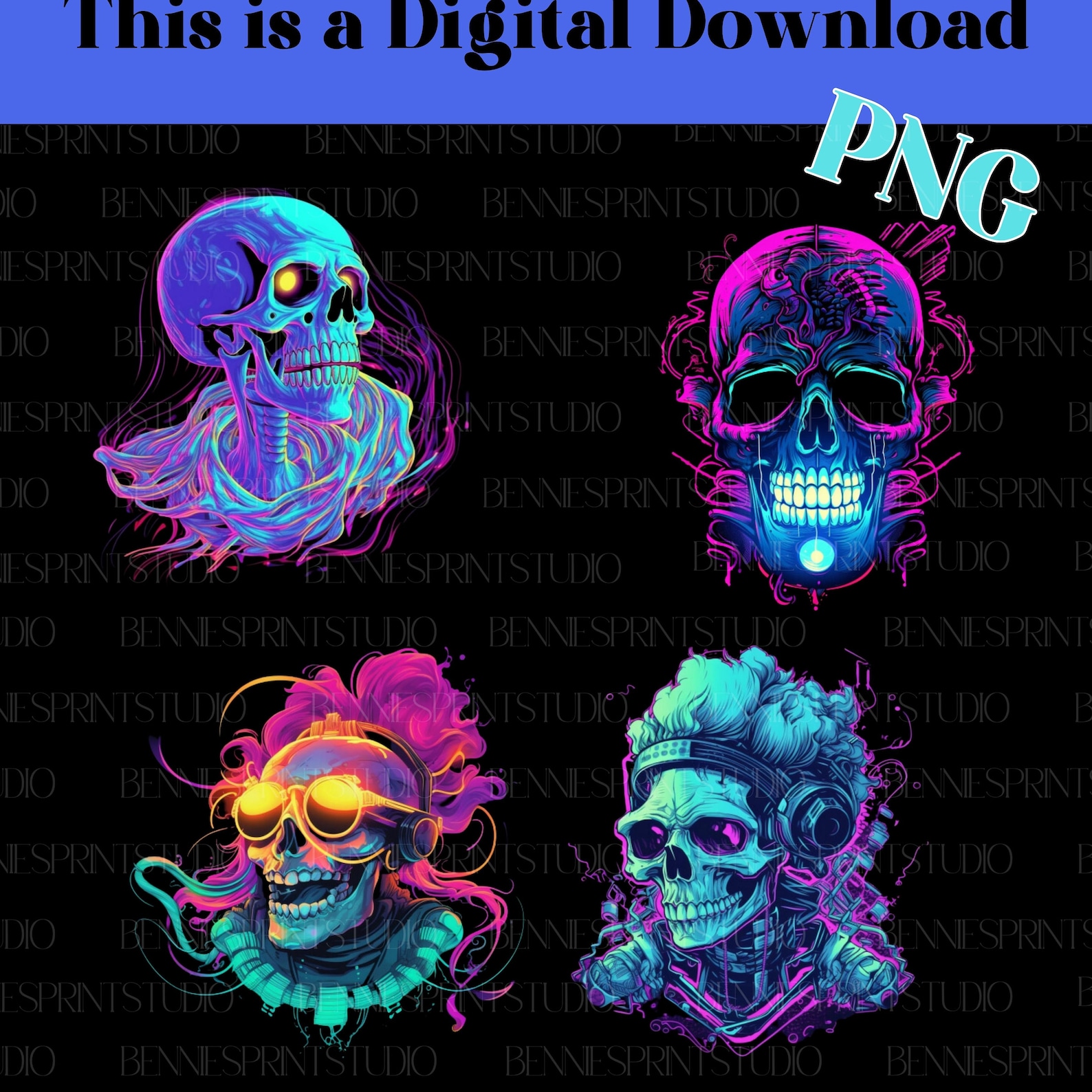24 Neon Skulls Cyber Goth PNG, Skull Clipart, Halloween Digital ...