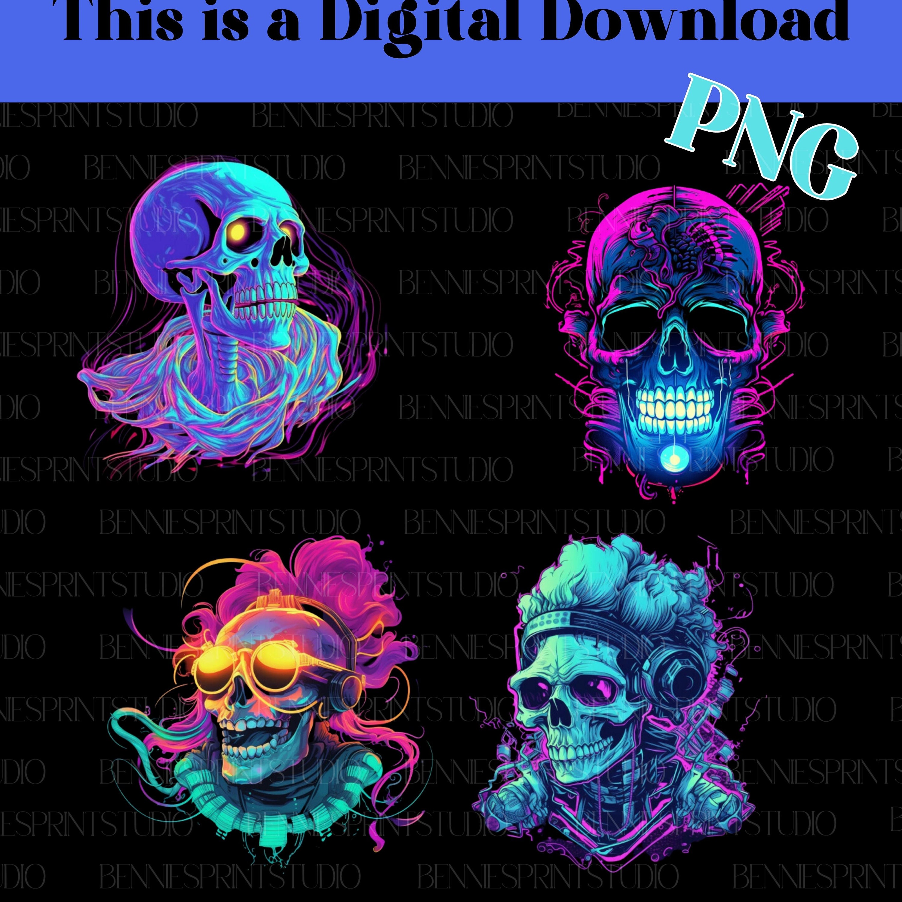 24 Neon Skulls Cyber Goth PNG, Skull Clipart, Halloween Digital ...