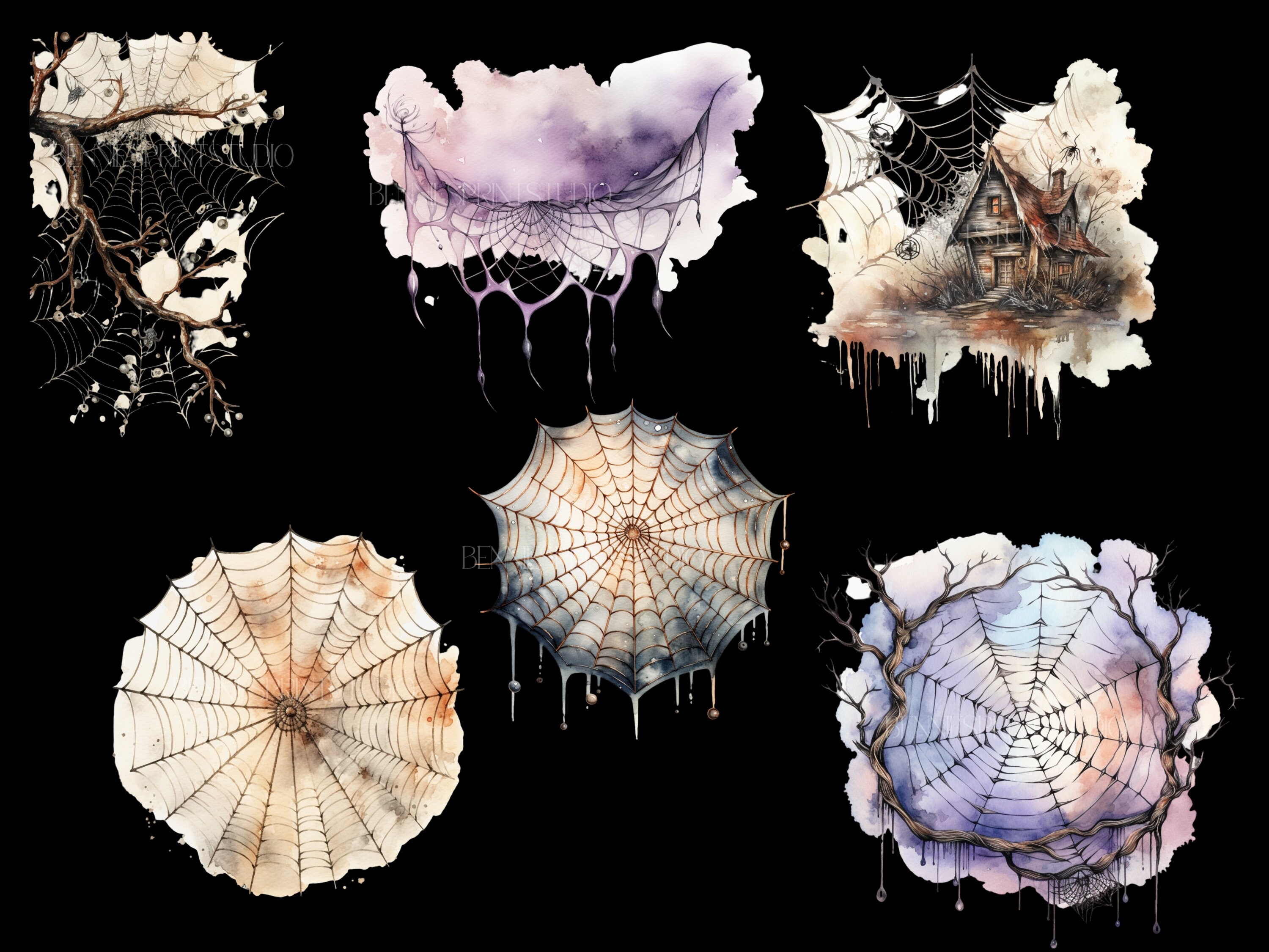 18 Watercolor Eerie Spiders Cobweb Digital Clip Art Images/journal ...
