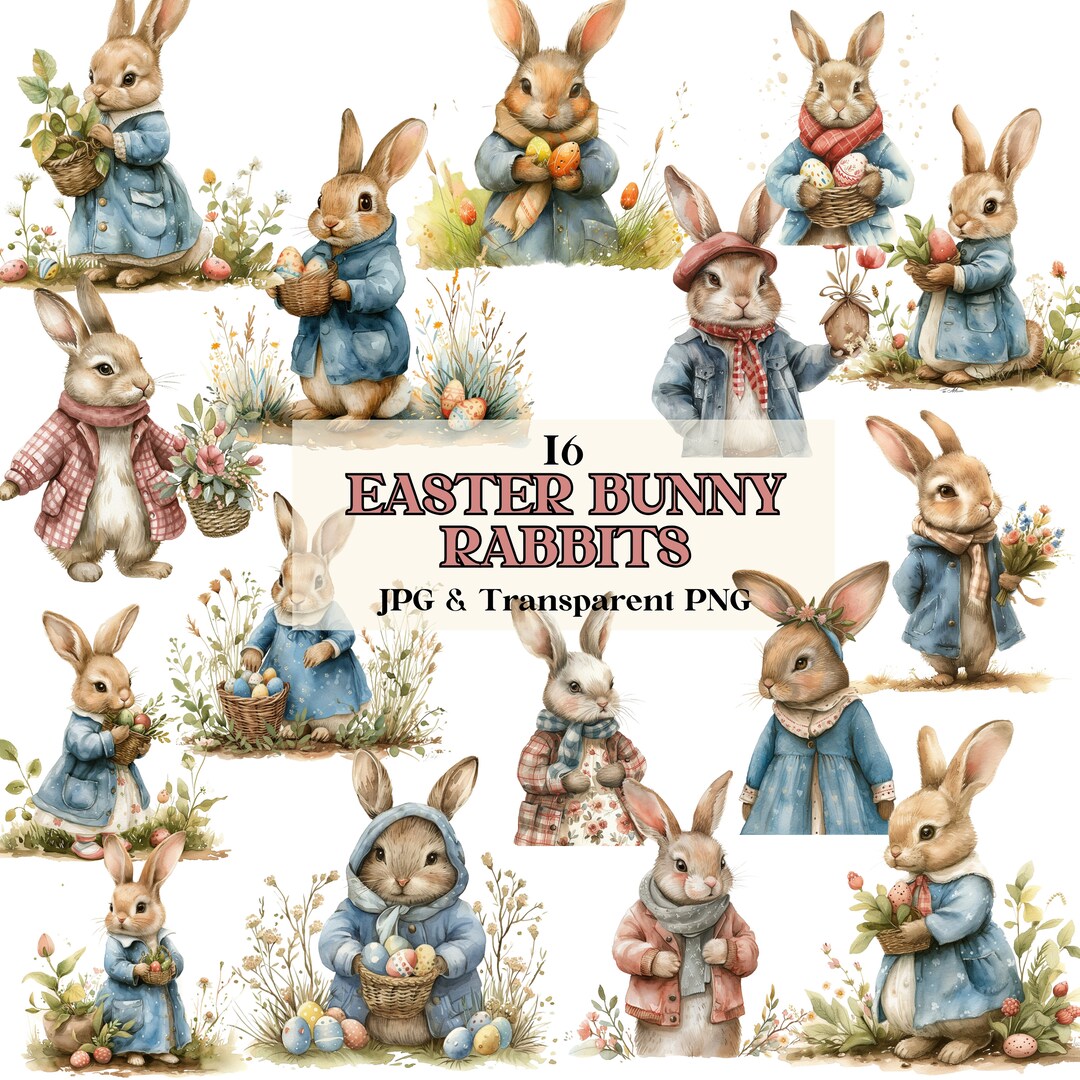 16 Watercolor Easter Bunny PNG & JPG Set, Spring Rabbit Bunny Png ...