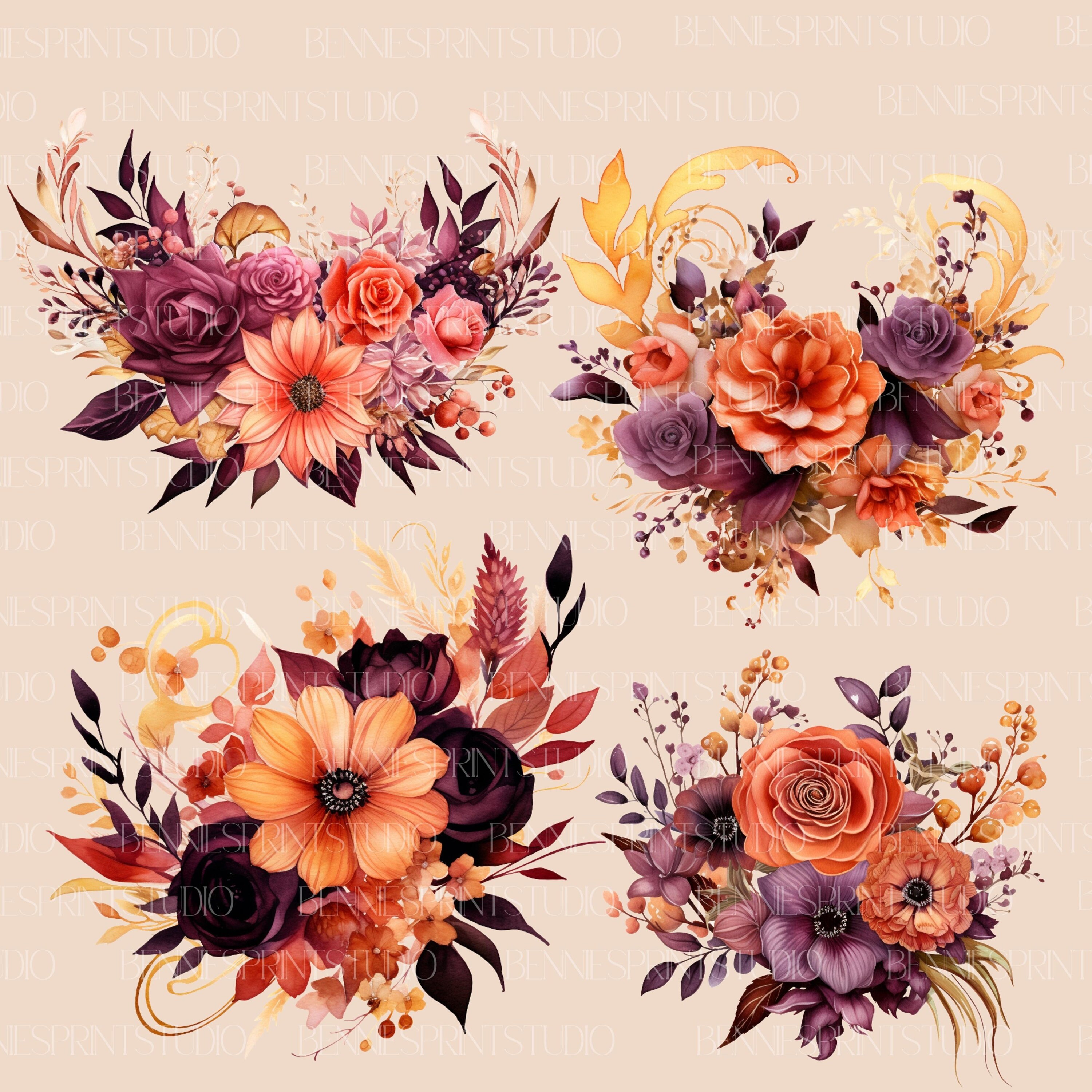 8 Autumn Bouquet Clip Art, Fall Flower Digital Clipart Pack, Floral ...