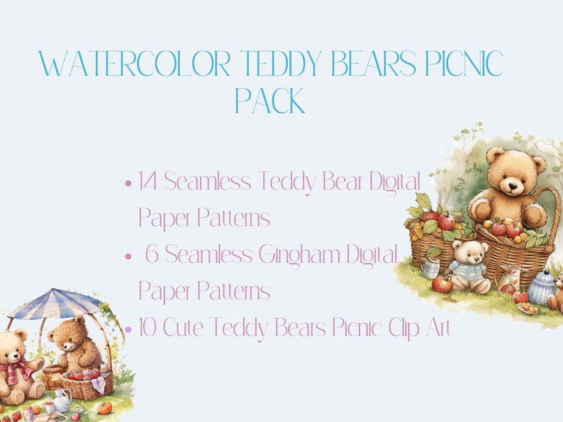 30 Watercolor Teddy Bears Picnic Clip Art/seamless Pattern Pack/digital ...