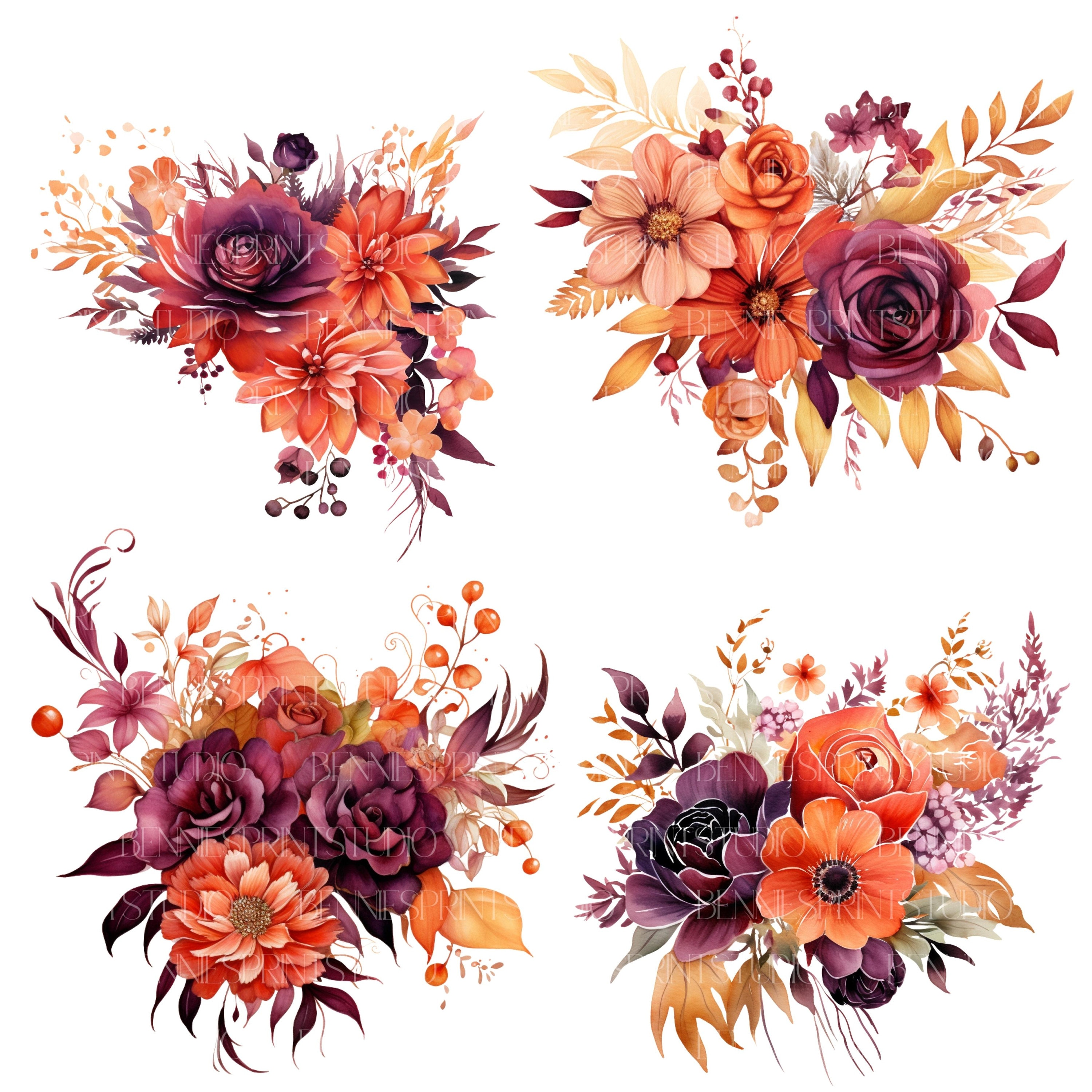 8 Autumn Bouquet Clip Art, Fall Flower Digital Clipart Pack, Floral ...