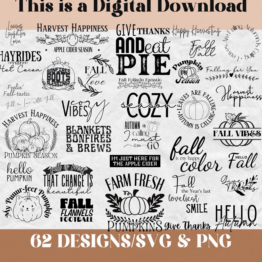 62 Fall Slogan SVG & PNG Set, Pumpkin Sublimation, Thanksgiving PNG ...