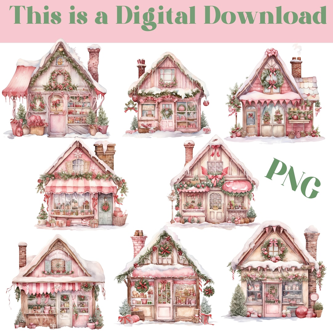 8 Watercolor Pink Christmas Candy Store PNG Printable Set, Sweets ...
