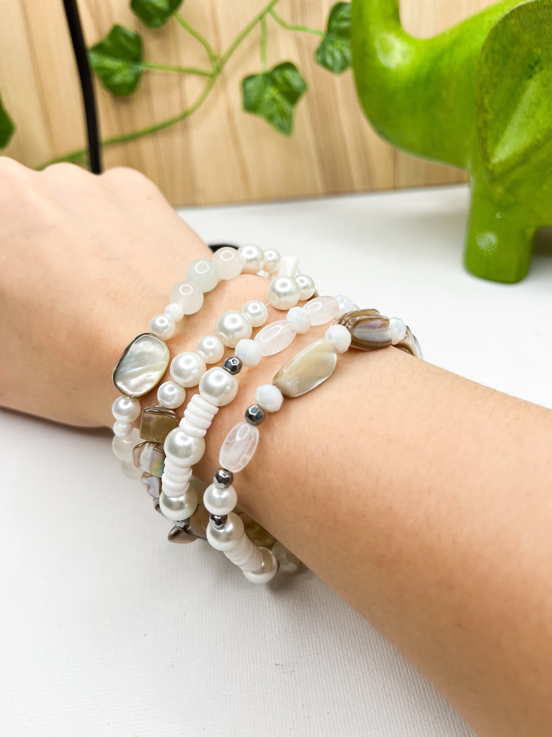 Mother of Pearl and Crystal Stretch Beaded Bracelet Authentic Pieces Handmade Jewelry Puka ...