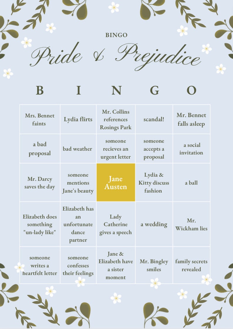 Pride & Prejudice Bingo Game - Etsy