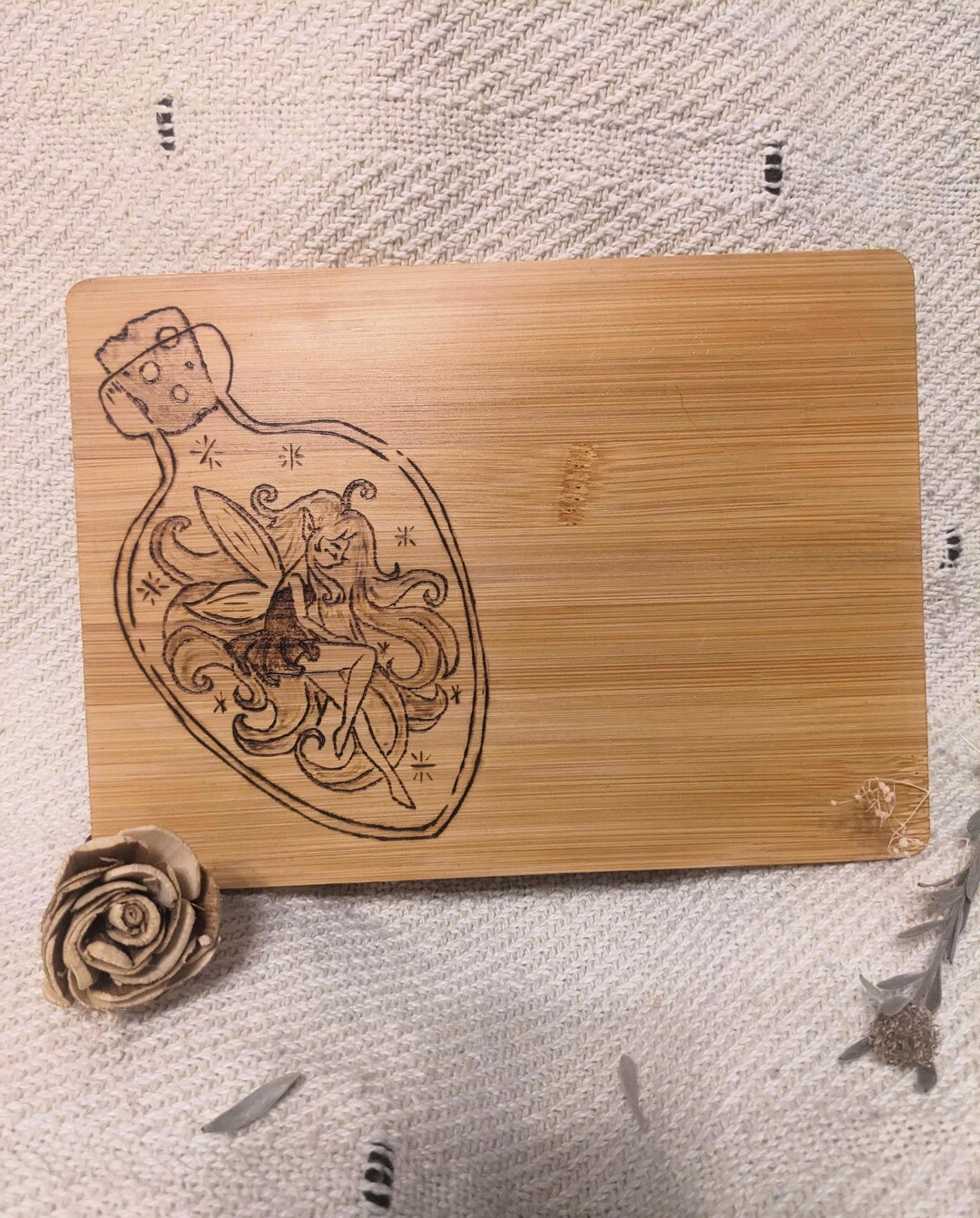 Bottled Fairy on Bamboo Cheese Board - Etsy