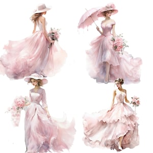 Pink Lady Vintage Watercolor Clipart Bundle, Transparent PNG, Digital ...