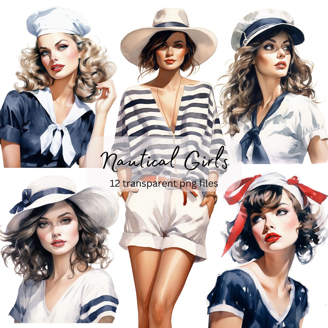 Nautical Fashion Girl Watercolor Clipart Bundle, Transparent PNG ...