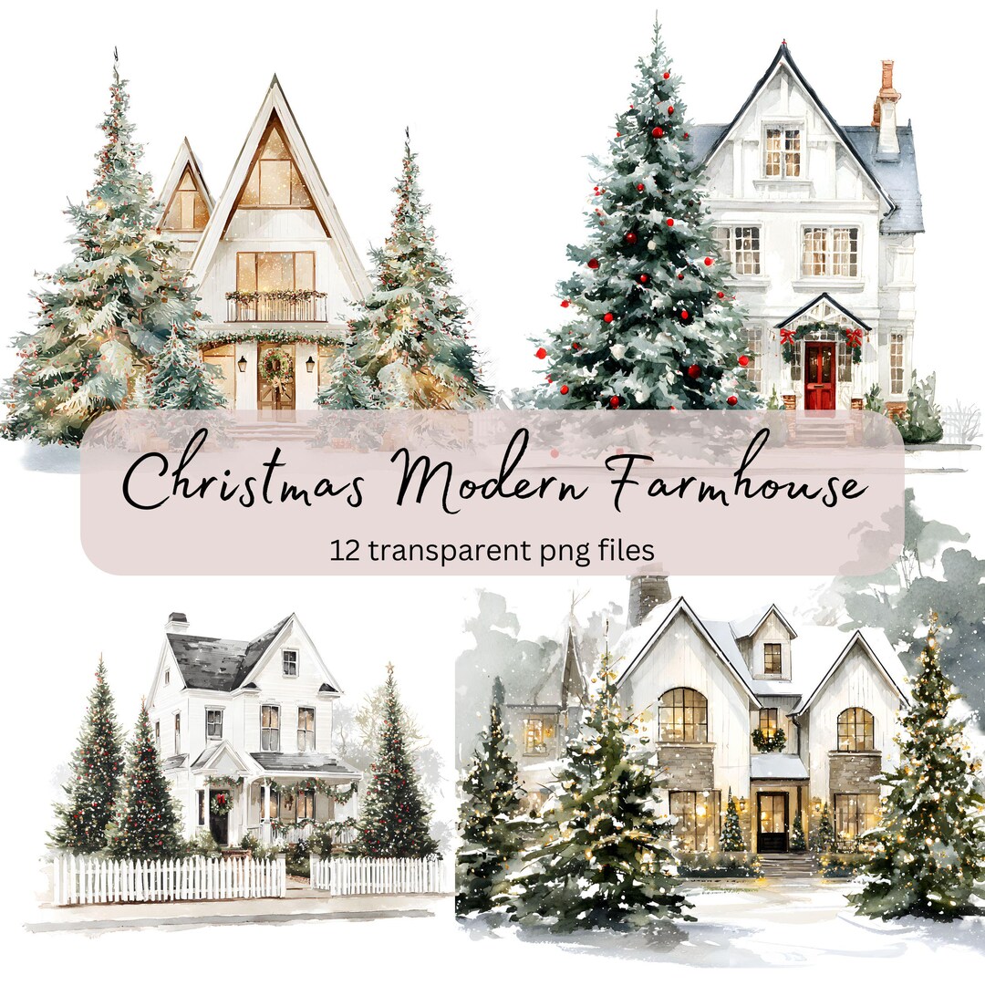 Christmas Modern Farmhouse Watercolor Clipart, Transparent PNG, Holiday ...