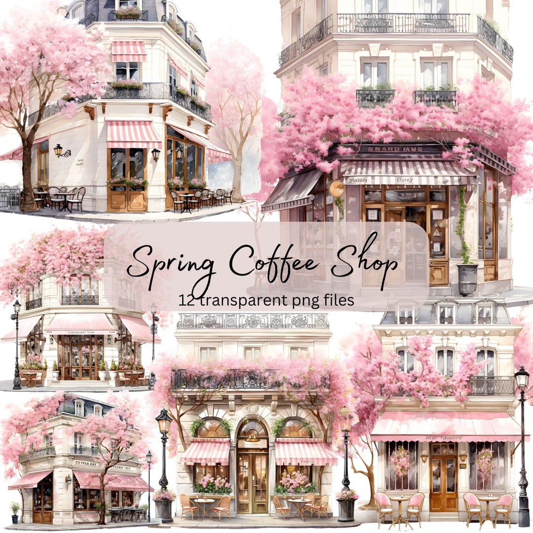 Spring Coffee Shop Café Watercolor Clipart Bundle, Transparent PNG ...