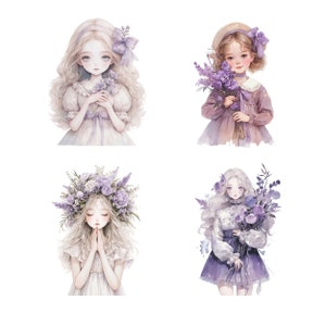 Little Girl Purple Flower Watercolor Clipart Bundle, Summer Kids ...