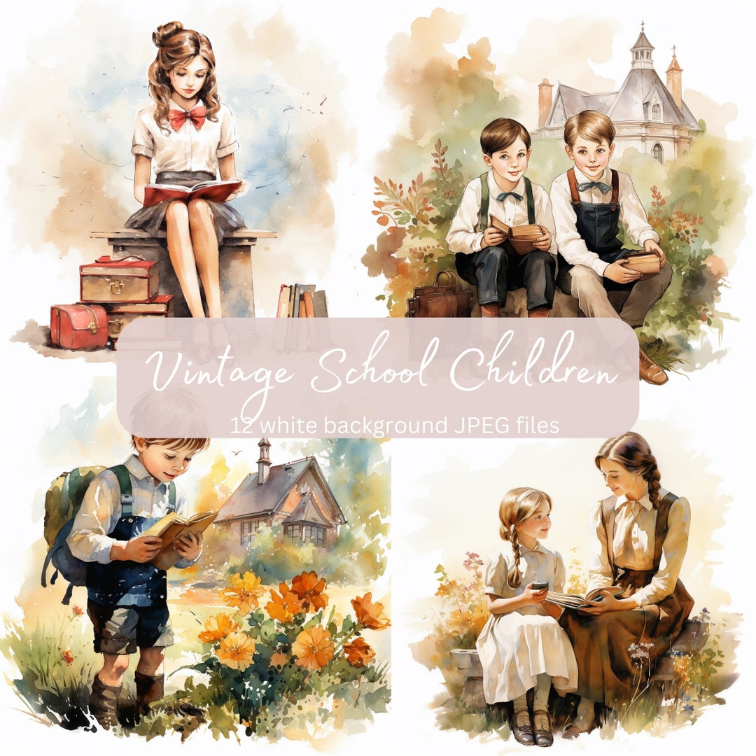 Vintage School Children Watercolor Clipart Bundle, High Quality Jpegs ...