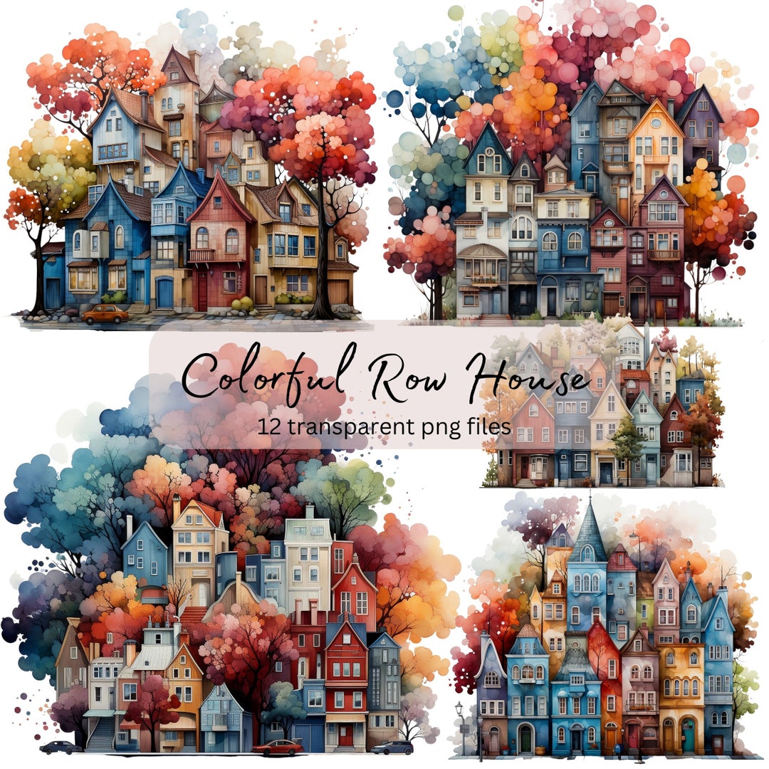 Colorful Row House Watercolor Clipart Bundle, Transparent PNG ...