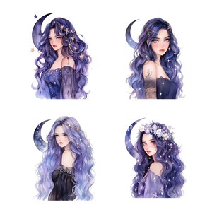 Purple Moon Princess Watercolor Clipart Bundle, Transparent PNG, Pretty ...