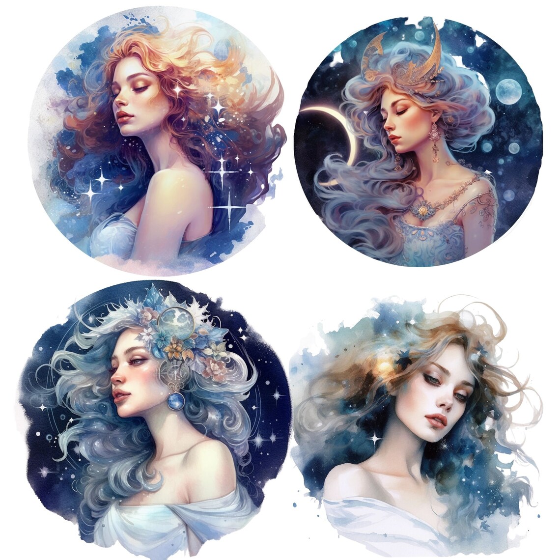 Night Sky Goddess Watercolor Clipart Bundle, Transparent PNG, Pretty ...