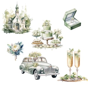 Green Wedding Day Clipart Bundle Watercolor, Transparent PNG, Bride ...