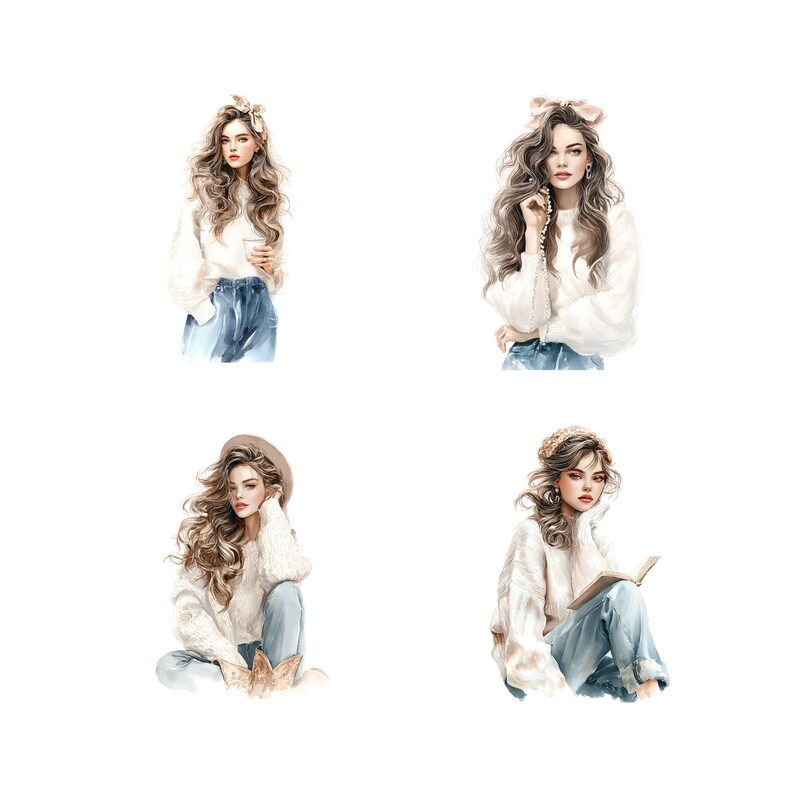 Fall Cozy Girl in White Sweater Watercolor Clipart Bundle, Transparent ...