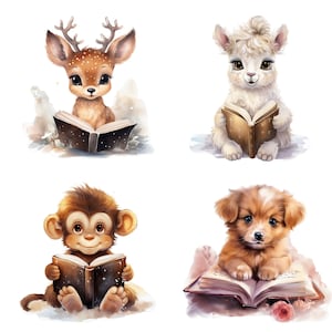 Cute Animals Reading Book Watercolor Clipart, Transparent PNG, Digital ...