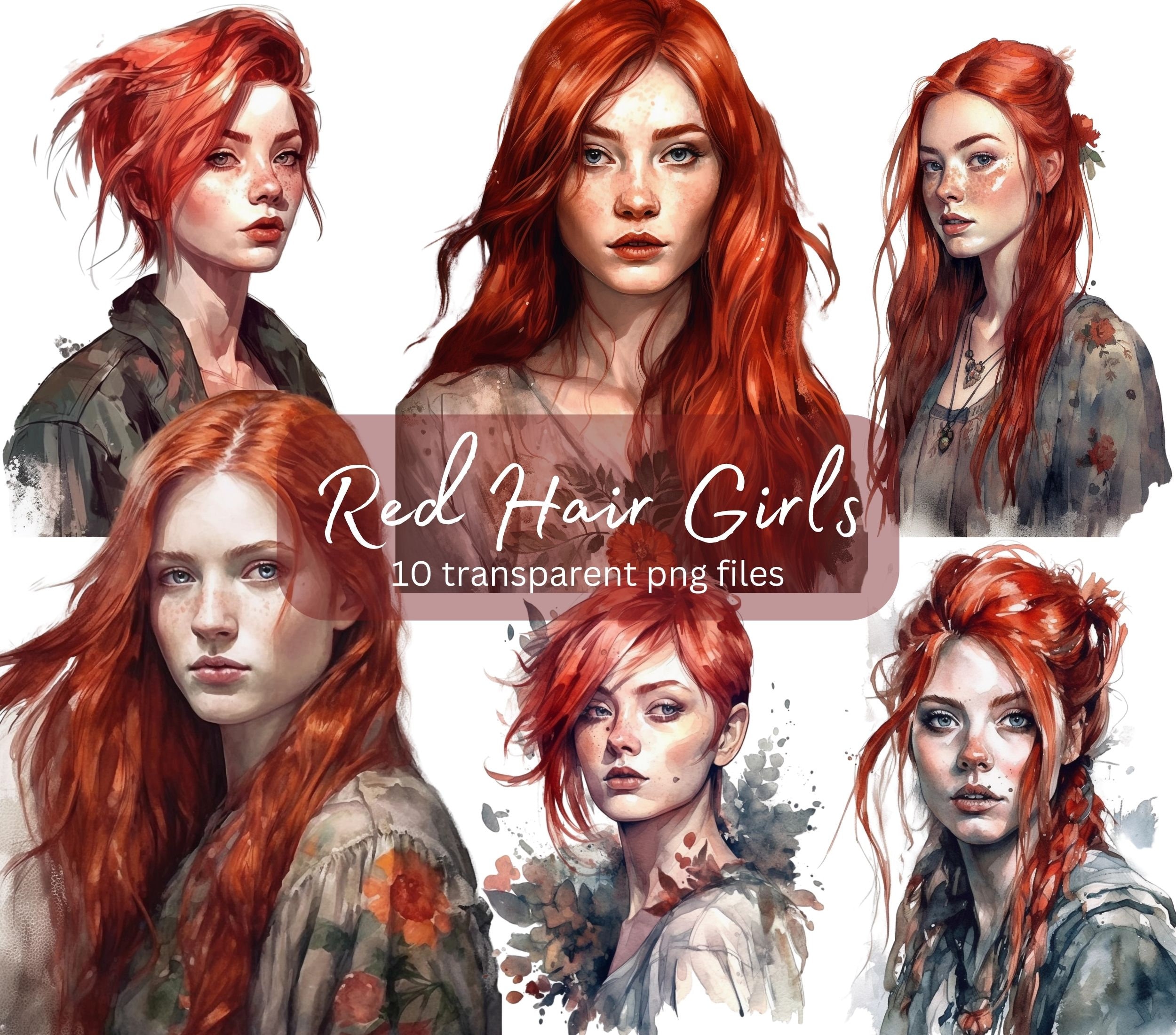 Red Hair Girls Watercolor Clipart Bundle Transparent PNG - Etsy