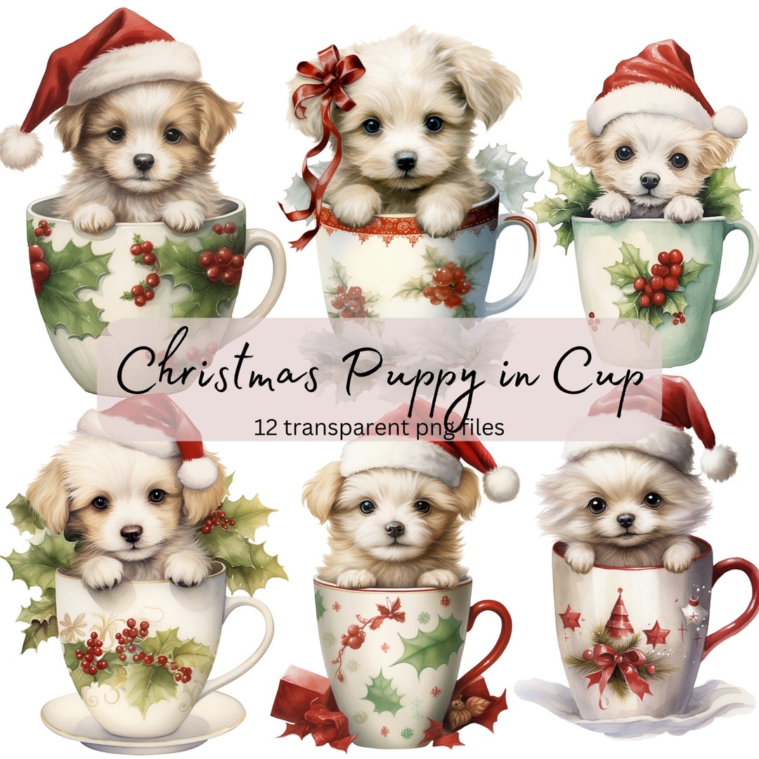 Christmas Puppy in Cup Watercolor Clipart Bundle, Transparent PNG, Cute ...
