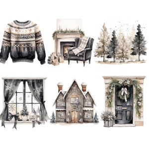 Black Christmas Clipart Watercolor Bundle, Transparent PNG, Winter ...