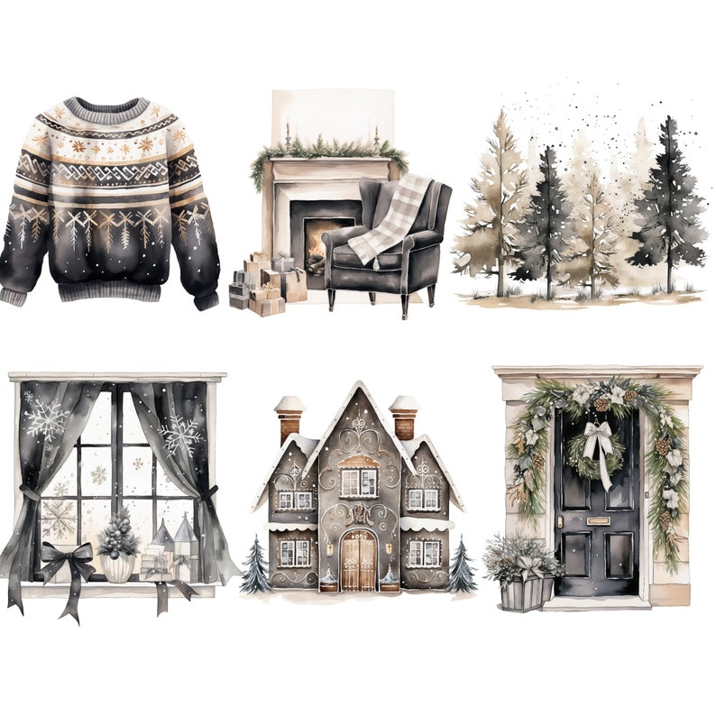 Black Christmas Clipart Watercolor Bundle, Transparent PNG, Winter ...
