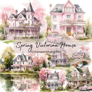 Spring Victorian House Watercolor Clipart Bundle, Transparent PNG, Cute ...