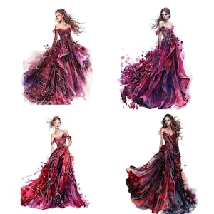 Girl in Red Dress Watercolor Clipart Bundle, Transparent PNG, Digital ...