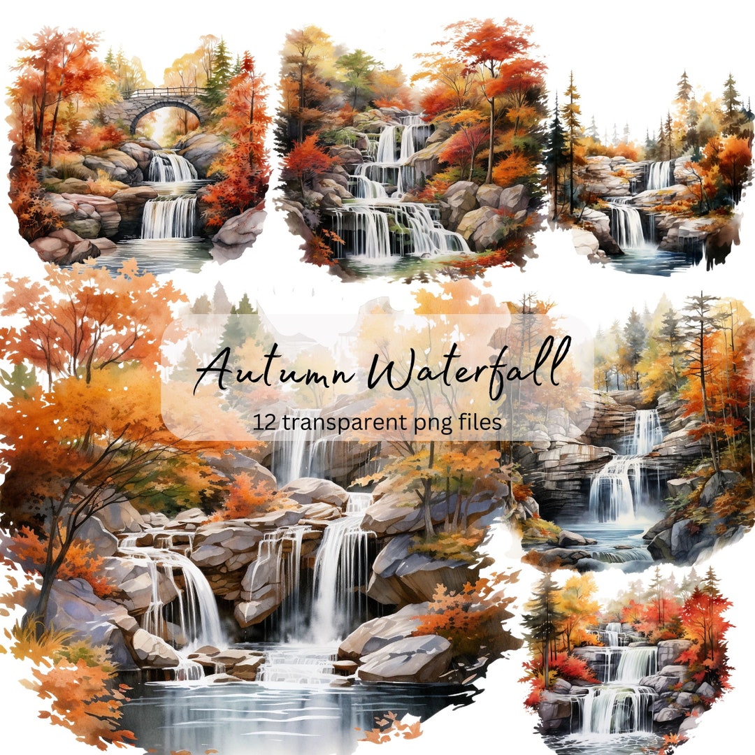 Autumn Waterfall Watercolor Clipart Bundle, Transparent PNG, Landscape ...