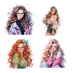 Spring Girl Wearing Glasses Watercolor Clipart Bundle, Transparent PNG ...