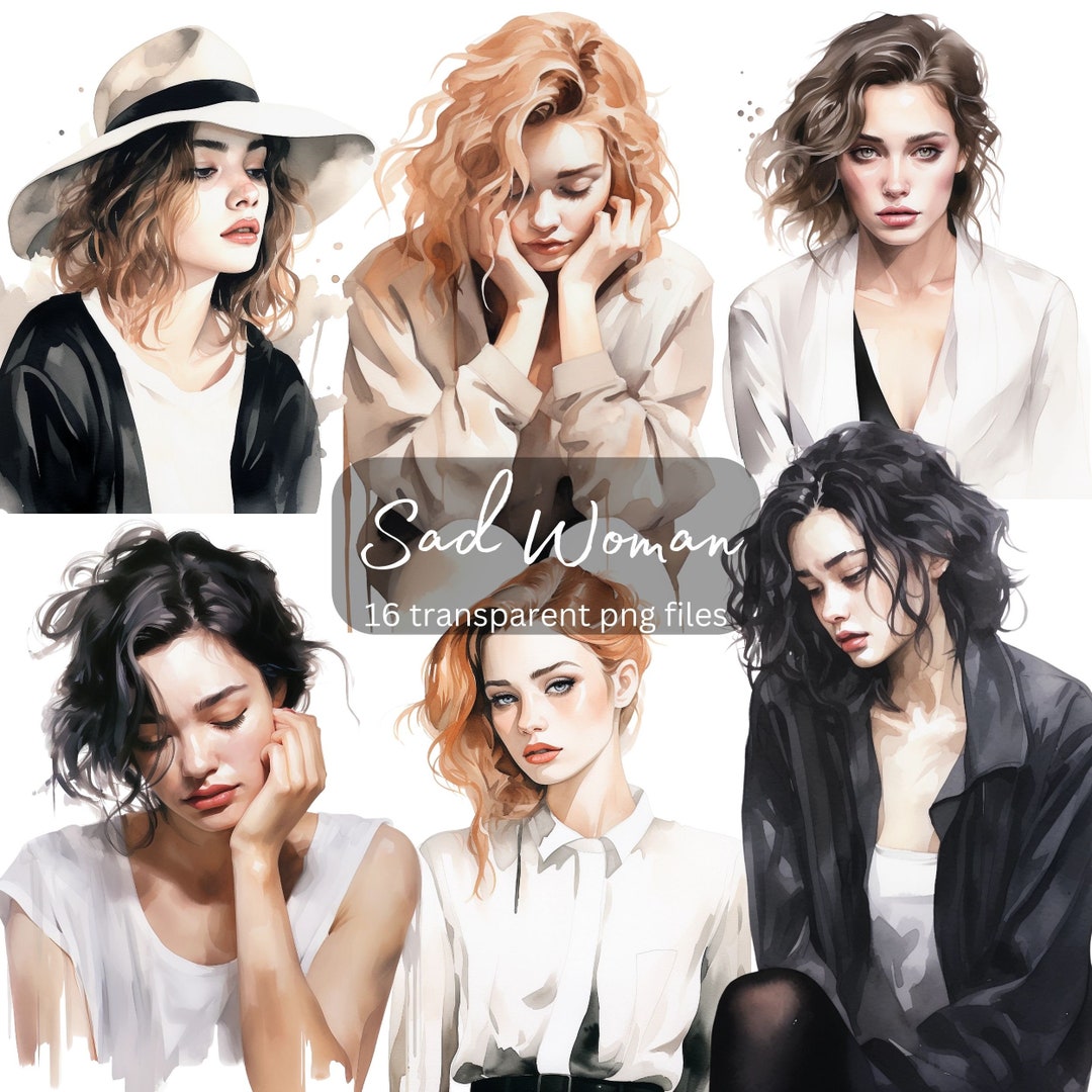 Sad Woman Watercolor Clipart Bundle, Transparent PNG, Digital Download ...