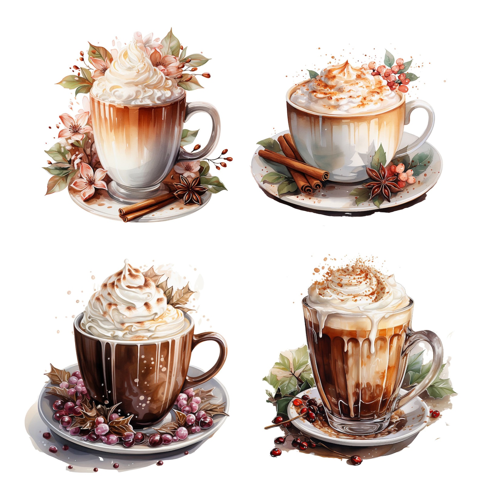 Hot Cocoa Clipart Watercolor Bundle, Transparent PNG, Winter Holiday ...