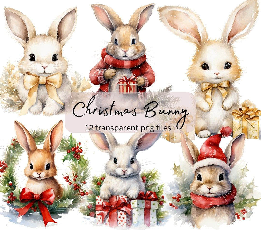 Christmas Bunny Rabbit Watercolor Clipart Bundle, Transparent PNG, Cute ...