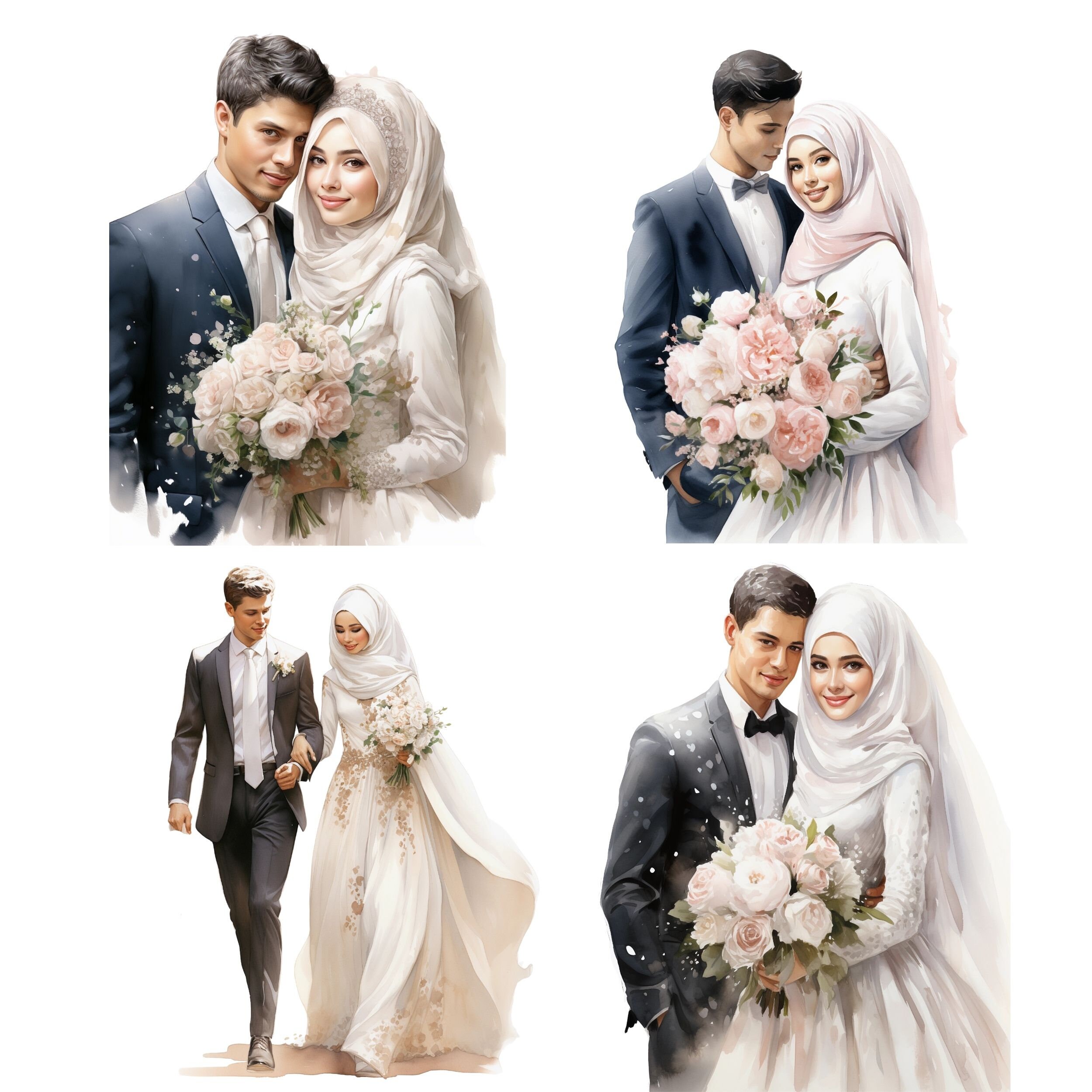 Muslim Bride Groom Watercolor Clipart Bundle,transparent Png,wedding ...