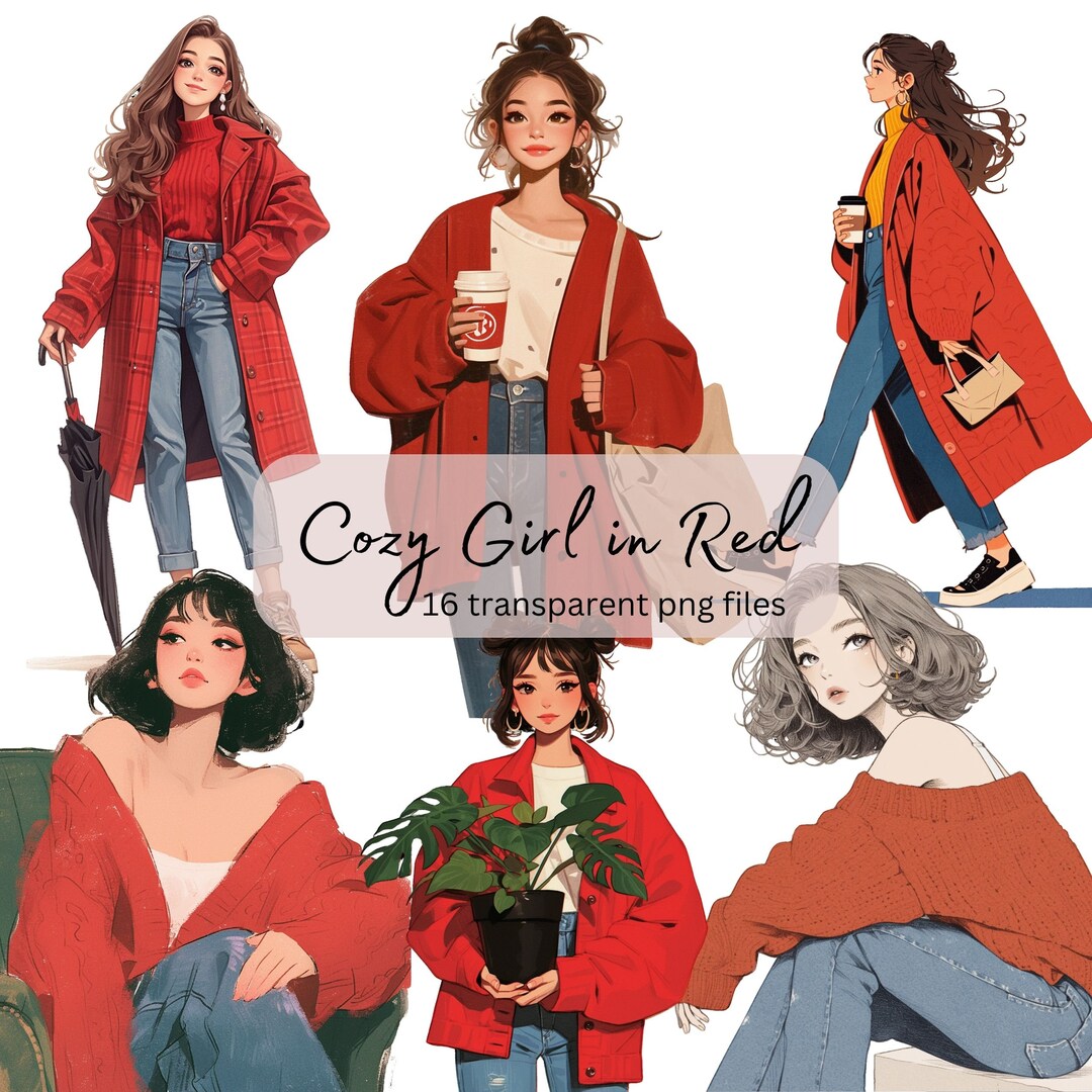 Red Cozy Girl Watercolor Clipart Bundle, Transparent PNG, Digital ...