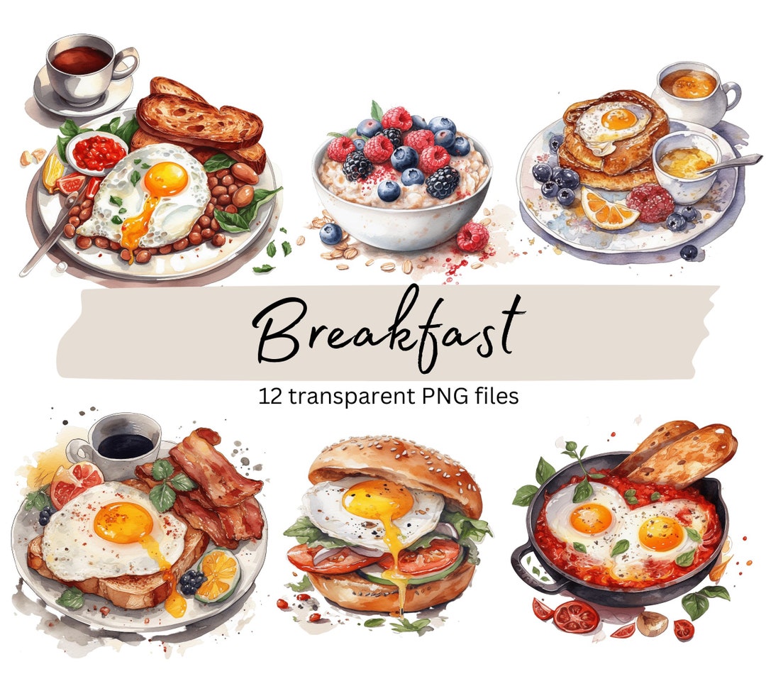Breakfast Watercolor Clipart Bundle, Transparent PNG, Digital Download ...