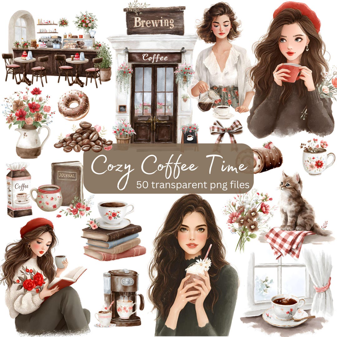 Cozy Coffee Time Clipart Bundle, Coffee Lover Aesthetic, Transparent ...