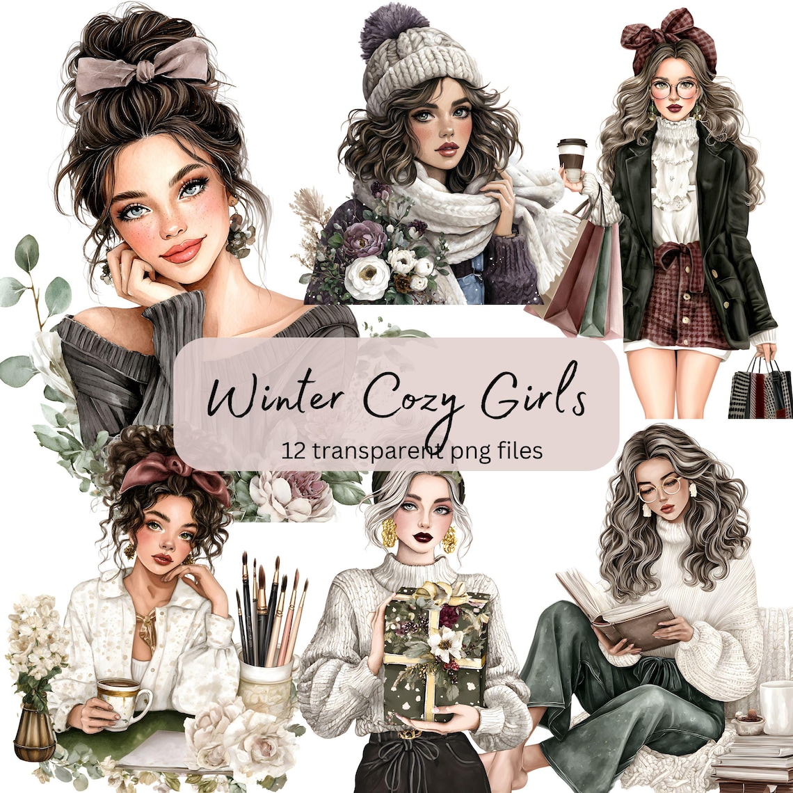Winter Cozy Girls Watercolor Clipart Bundle, Transparent PNG, Digital ...