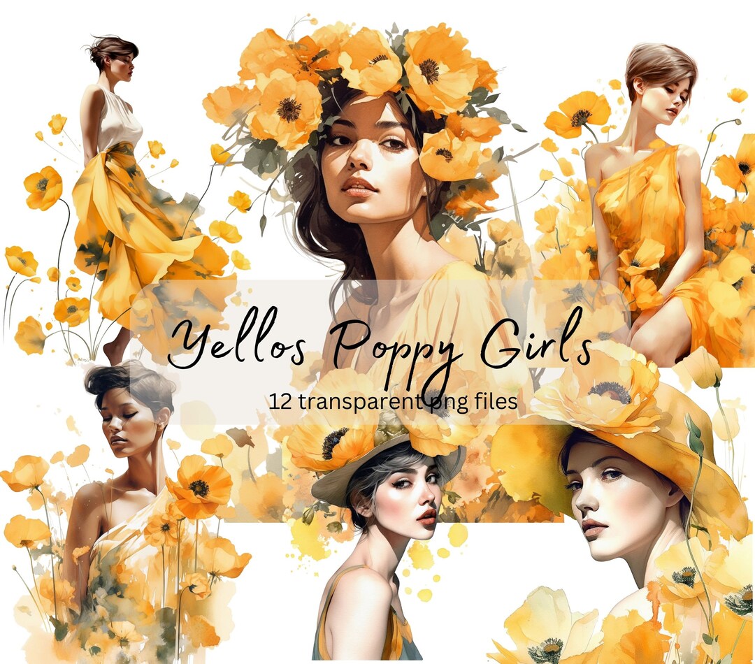 Yellow Poppy Girl Watercolor Clipart Bundle, Transparent Png,digital ...
