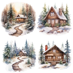 Winter Forest Cabin Watercolor Clipart, Transparent PNG, Landscape ...