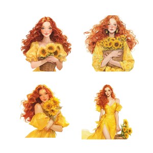 Red Hair Girl and Sunflowers Watercolor Clipart Bundle, Transparent PNG ...