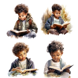 Little Boy Reading Book Watercolor Clipart Bundle, Transparent PNG ...