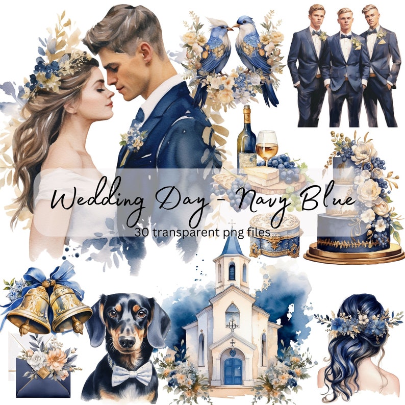 Blue Wedding Day Clipart Bundle Watercolor, Transparent PNG, Bride ...