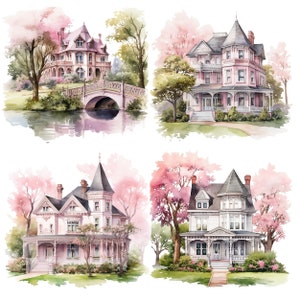 Spring Victorian House Watercolor Clipart Bundle, Transparent PNG, Cute ...