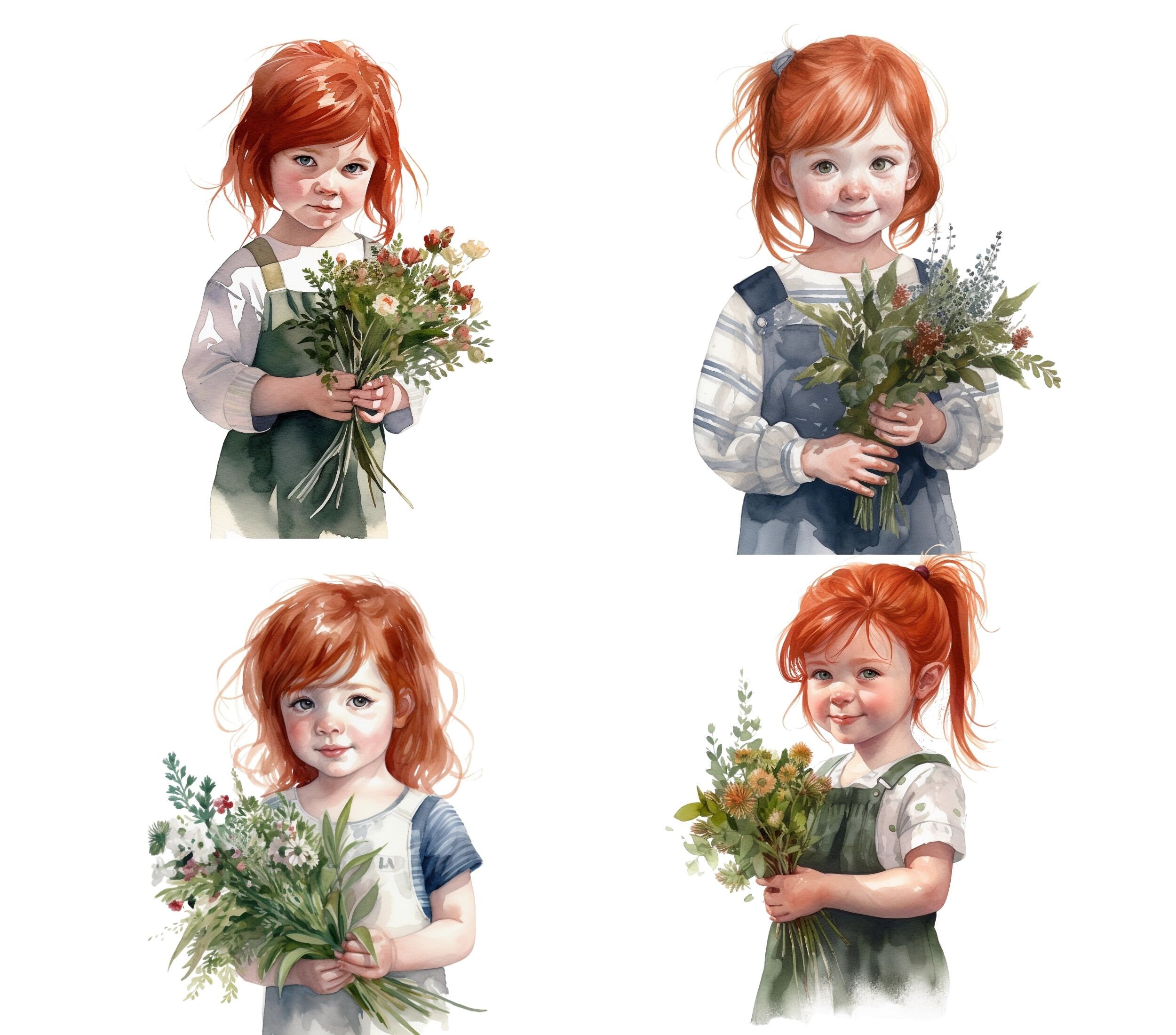Little Red Hair Girls Watercolor Clipart Transparent PNG - Etsy