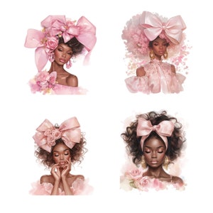 Pink Bow Coquette Black Lady Watercolor Clipart Bundle, Transparent PNG ...
