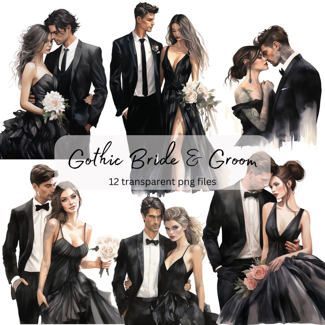 Gothic Bride Groom Watercolor Clipart Bundle, Transparent PNG, Wedding ...